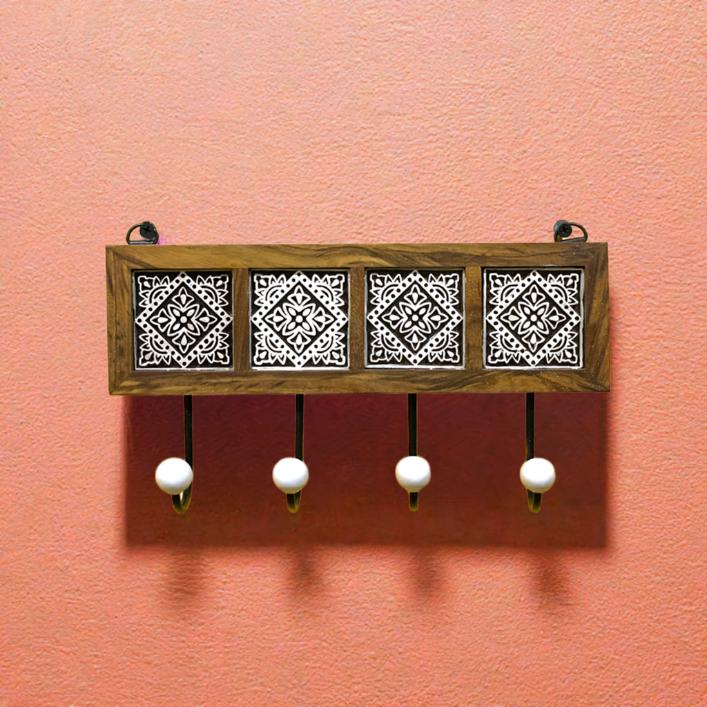 Hand Block Wooden Key Holder with 4 Hooks | Sheesham Wood Wall ...